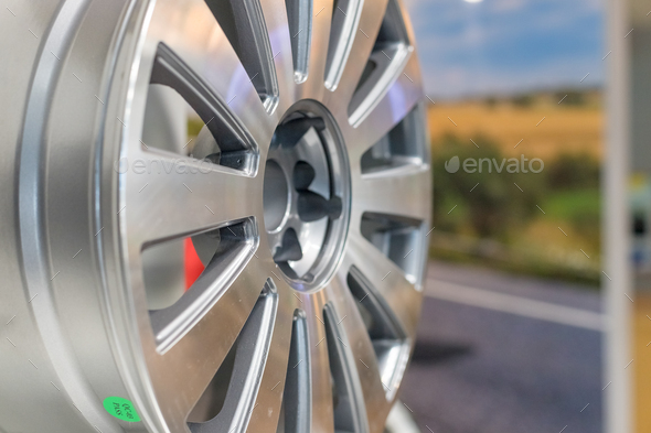 Metal disc wheel for the car at an exhibition.SElective focus.Modern ...