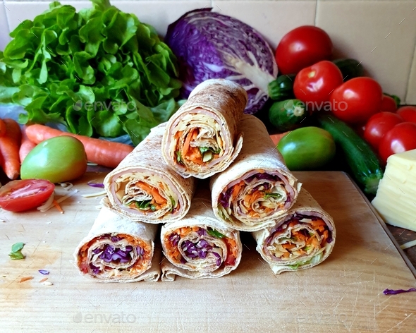 Side view of prepared sandwich food wraps with healthy ingredients ...