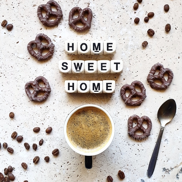 Home sweet home,coffee flat lay at home on stone table top view Stock ...