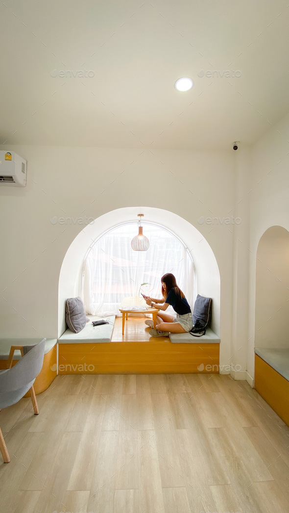 The modern white cafe is a beautiful coffee shop background Stock Photo ...