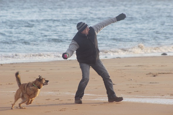 Man throwing a ball for his dog on the beach Stock Photo by bclare2
