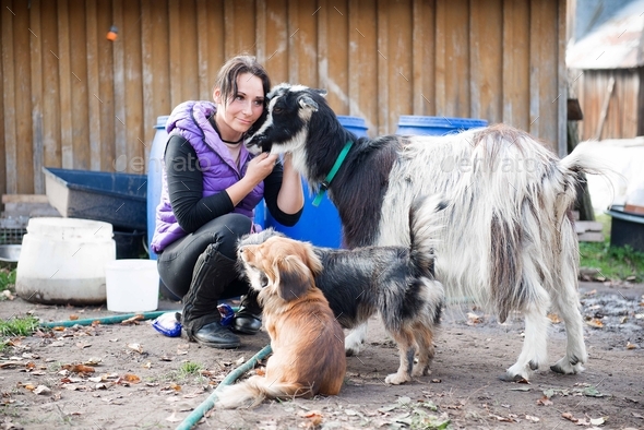 A young female farmer hug goat and two dogs in farm yard. Stock Photo ...