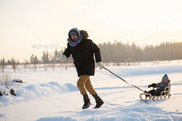 Father is pulling child on sled walking on frosty winter day outdoors ...