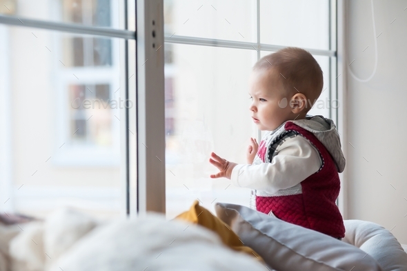 child, boy, small, house, window sill, window, view, interior, look ...