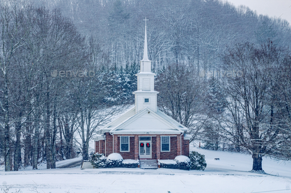 Snowy church scene Stock Photo by hokietim | PhotoDune