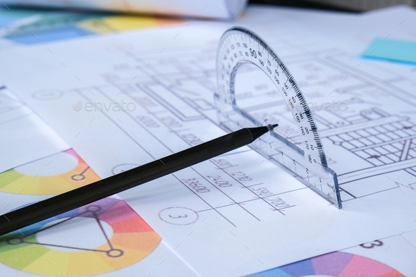 A pencil with a protractor. Architectural Project drawings with tools ...