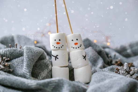 Two happy funny marshmallow snowmen. Marshmallow friends. Diy. Sweet ...