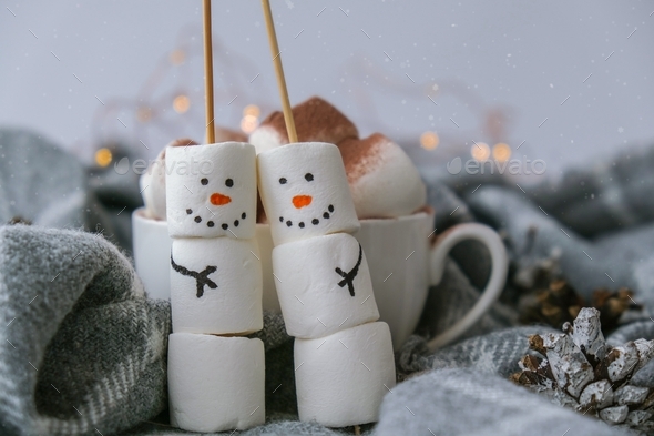 Two happy funny marshmallow snowmen. Marshmallow friends. Diy. Sweet ...