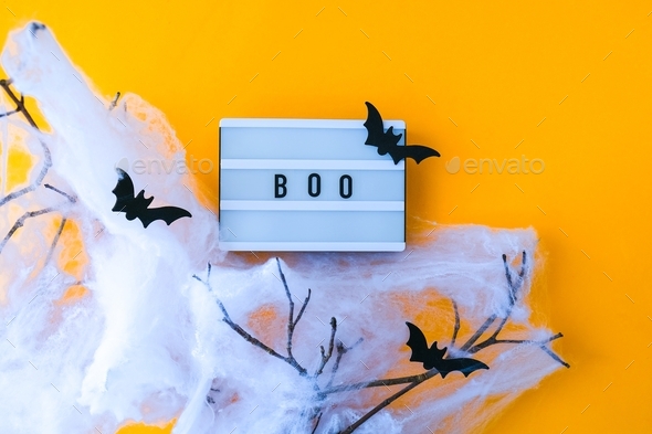 Lightbox with word BOO and halloween party decorations. Bats on dry ...