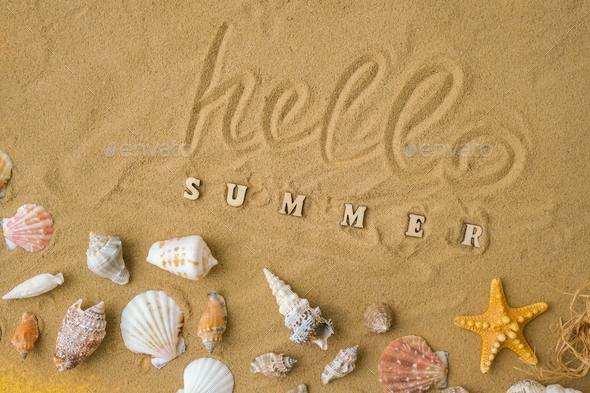 Composition with text HELLO SUMMER seashells, pebbles, mockup on sand ...