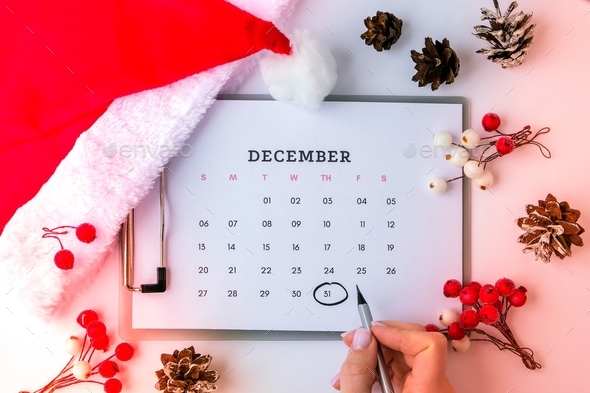 New year and christmas decorations flat lay. Top view. Calendar ...