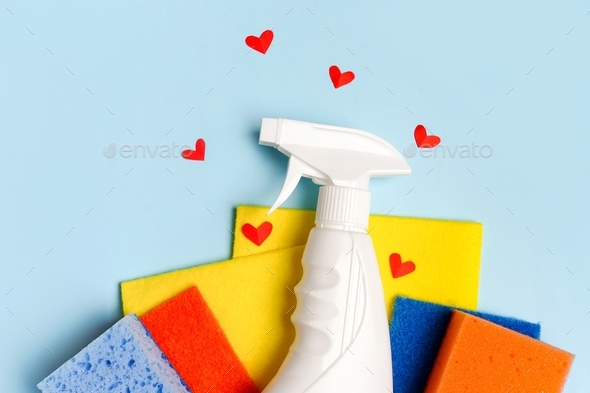 Colorful cleaning set for different surfaces in kitchen, bathroom and ...