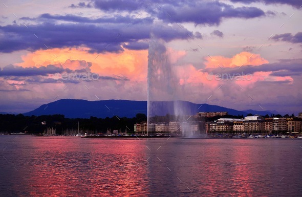 Geneva Sunset Colors Pink Purple Sky Stock Photo by katjabelka | PhotoDune