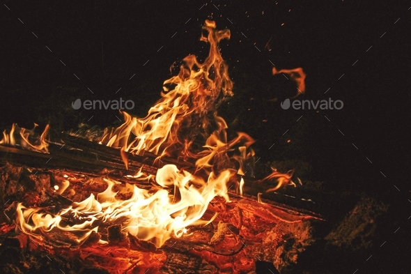 Title: War fire in the night. Close-up flame, bonfire at the beach #003 ...