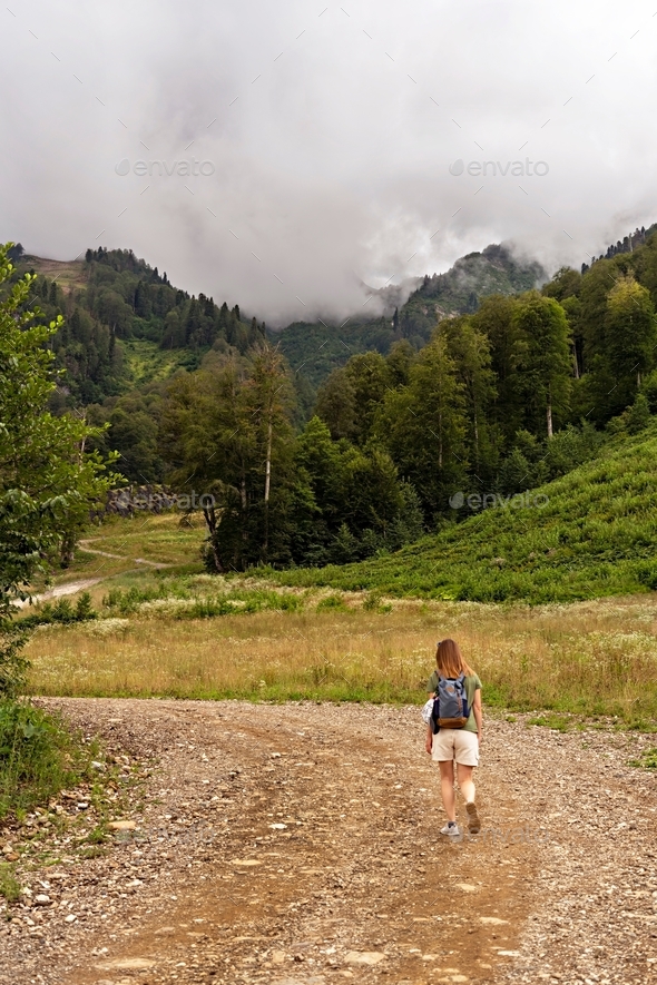 Take a hike, Young woman hiker back view with backpack walking on ...