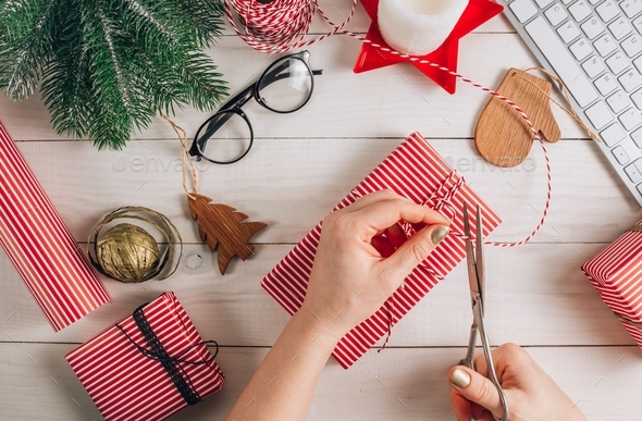 Christmas workplace. Gift wrapping. Stock Photo by YMikhaylova | PhotoDune
