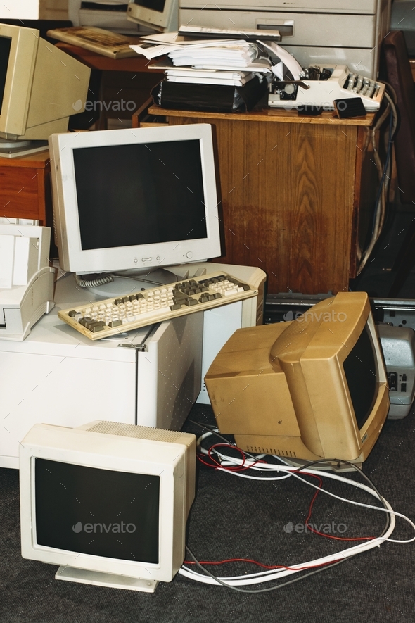old and obsolete computers ready to recycling depot Stock Photo by ...