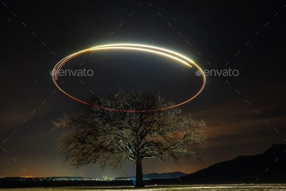 Secular oak tree with a light trail circle above Stock Photo by flrmrz88