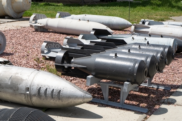 Various large bombs and rockets. Weapons of mass destruction. Bomb ...