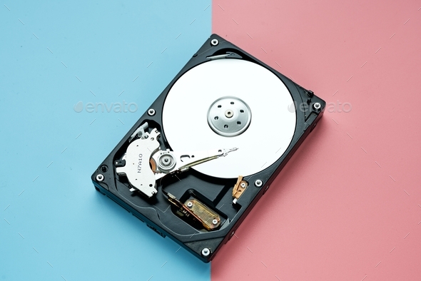 Minimal flat lay of Computer hardware, hard disk, storage device on ...