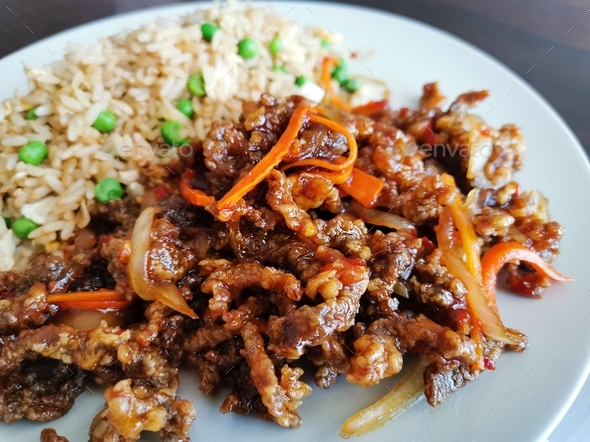 Crispy shredded beef with sweet chilli sauce. Chinese food. Stock Photo ...
