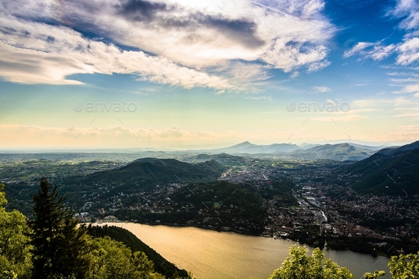 sunset from the lake from the lighthouse of Brunate, Como - Italy Stock ...