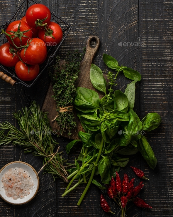 Variety of herbs and greens, top view Stock Photo by lena_otvo | PhotoDune