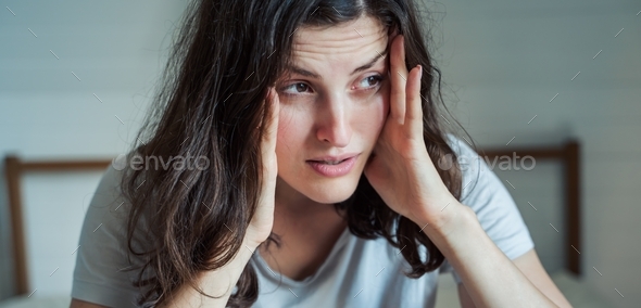 Sad, unhappy woman in depression. Stress, anxiety, tension ...