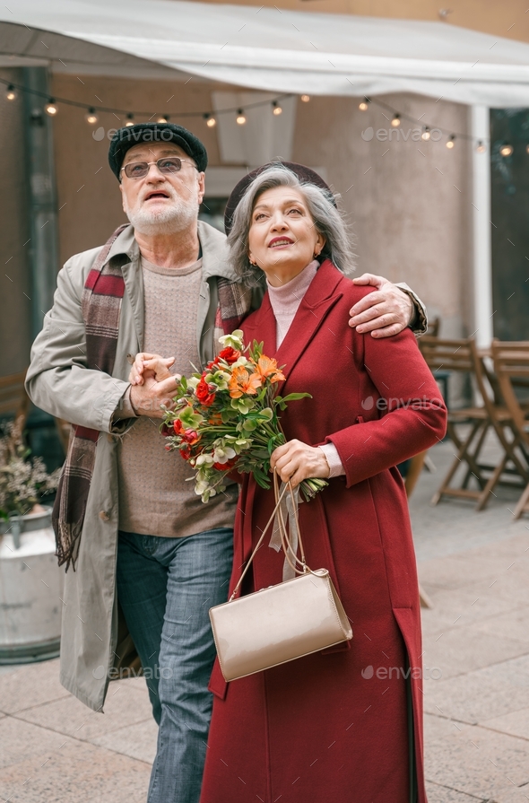 Elderly senior love couple. Old retired man woman together on romantic ...