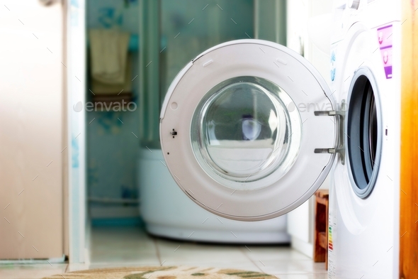 open washing machine door in the bathroom Stock Photo by aira003 ...