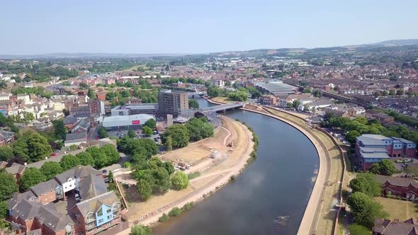 Exeter cityscape along River Exe, AERIAL PAN, Stock Footage | VideoHive