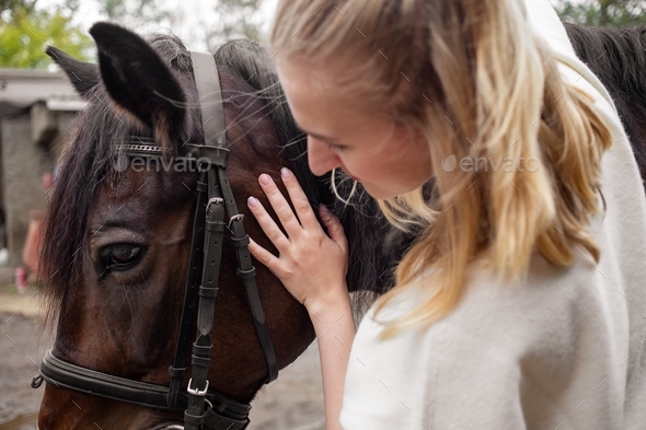 Beautiful woman stroke a horse muzzle trendy faceless portrait Stock ...