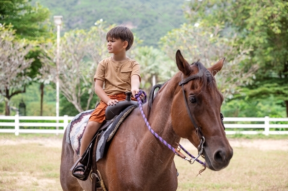 Portrait of little boy riding a horse Stock Photo by thanyapatm | PhotoDune