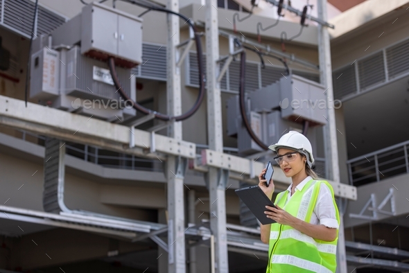 Engineer at electric power plant looking at transmission lines at ...