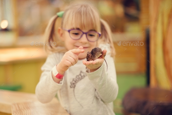 Cute little girl holding a little mice in her hands and trying to touch ...