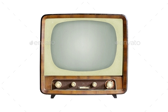 Vintage CRT TV set isolated on white background, retro analog ...