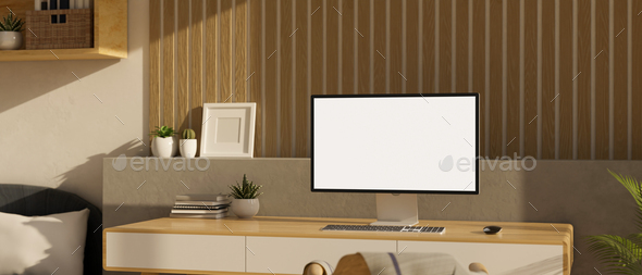 Modern minimal Scandinavian home workspace in bedroom with computer ...