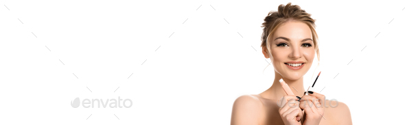 Smiling Naked Beautiful Blonde Woman With Makeup And Black Nails