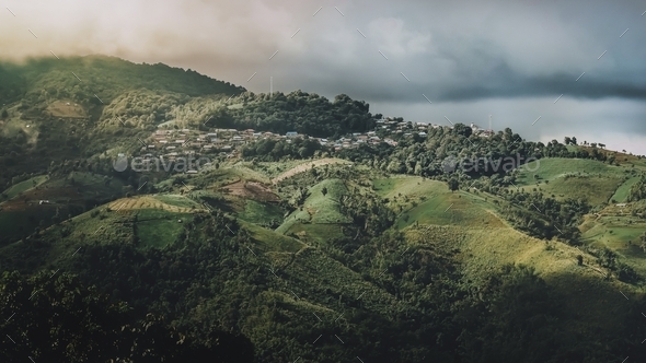Village in the forest with sunlight in mountain at Doi Chang, Chiang ...