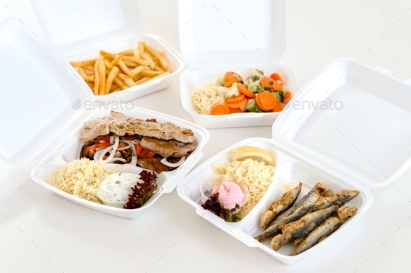 Greek food delivered in plastic containers from restaurant Stock Photo ...