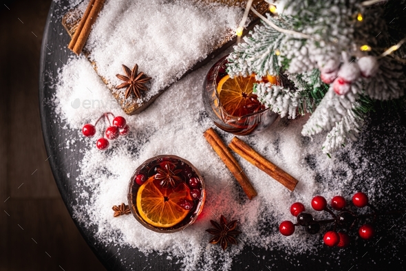 Cozy atmosphere with glass of Mulled wine, Christmas winter alcohol ...