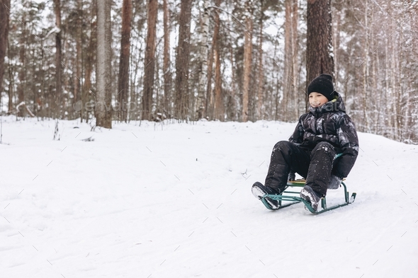 Happy teenager boy sledding and having fun in winter snowy forest ...