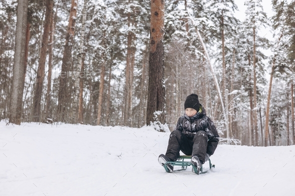 Happy teenager boy sledding and having fun in winter snowy forest ...
