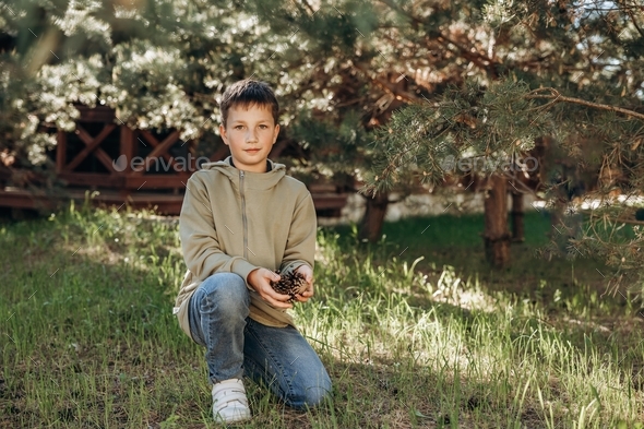 Portrait of child holding pine cones in forest. Teenager boy walking in ...