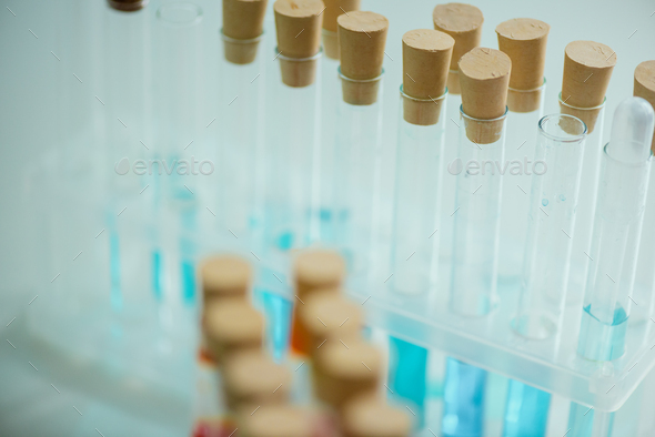 close up view of different tubes with reagents in chemical lab Stock ...