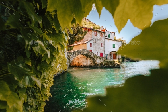 Village of Nesso with the medieval bridge, also called Civera bridge ...