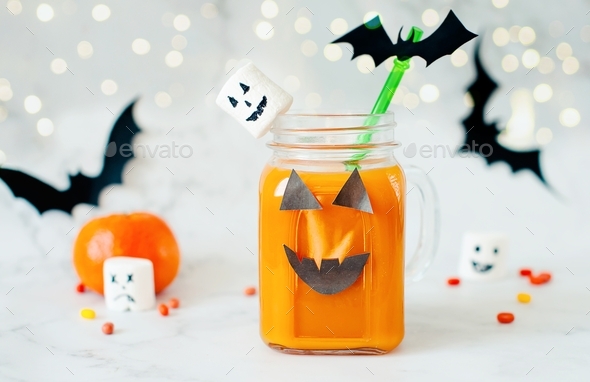 Drink for Halloween. Children's and party of Halloween treats. Pumpkin ...