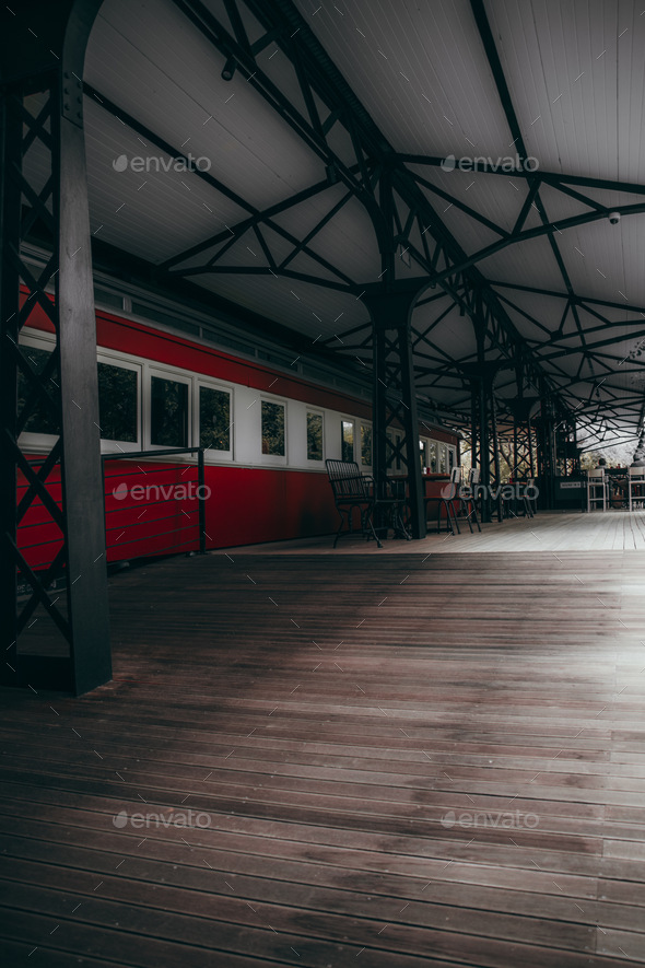Red steam train at the train station Beautiful bright coloured with ...