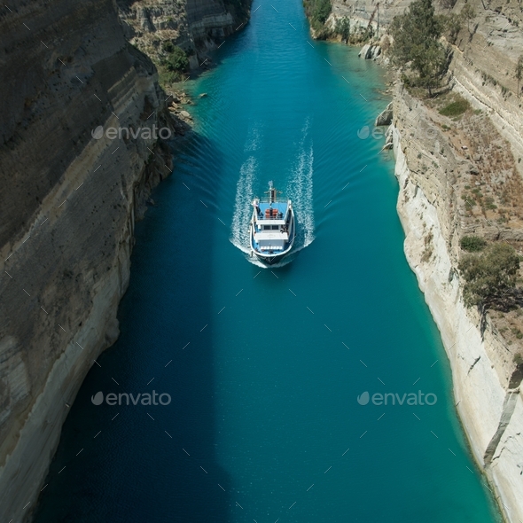 Boat passage in Greek Corinth canal Stock Photo by yogi_ank | PhotoDune