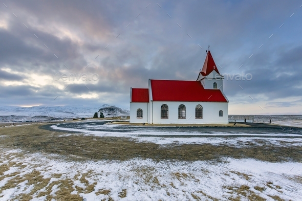 Lutheran Church in the vastness of Iceland Stock Photo by iripetrakova